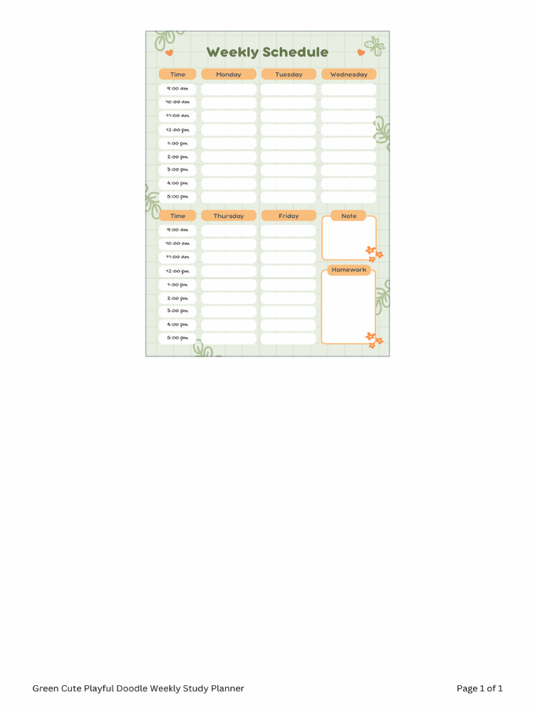 Green Cute Playful Doodle Weekly Study Planner | PDF