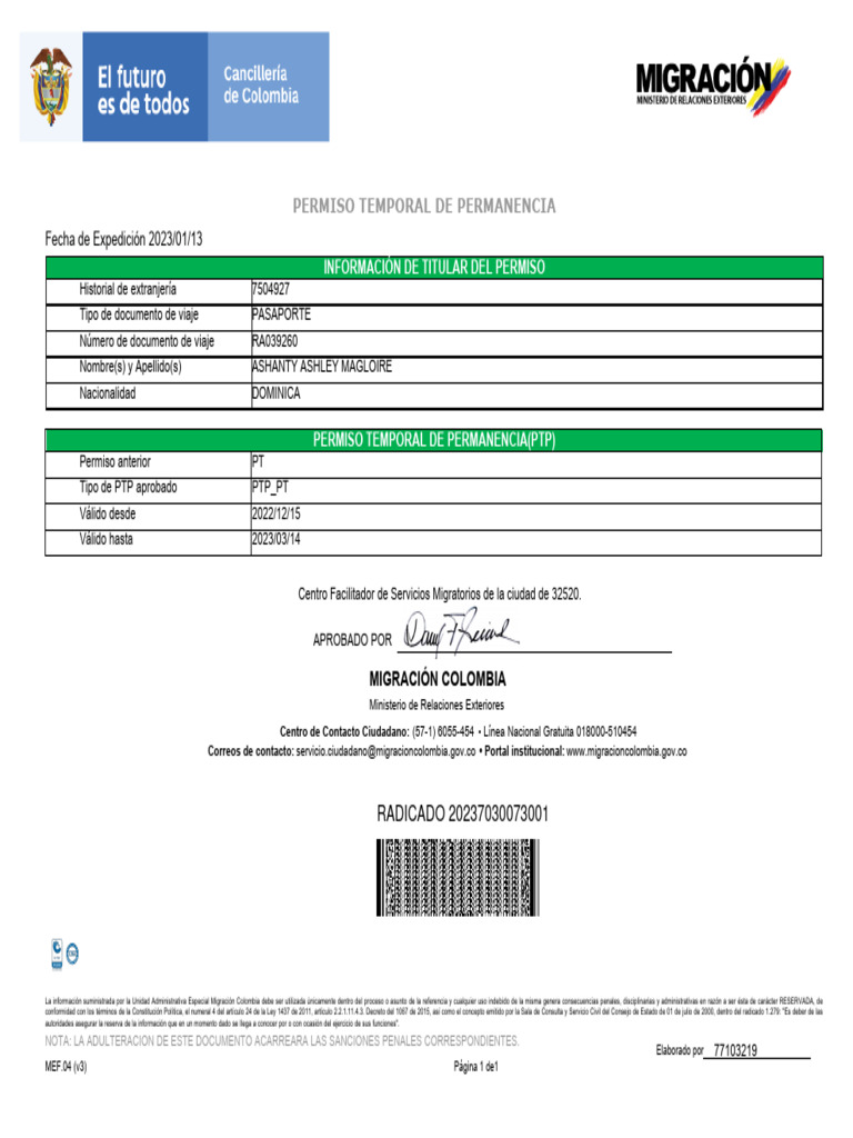 Permiso Temporal de Permanencia: Fecha de Expedición 2023/01/13 | PDF ...