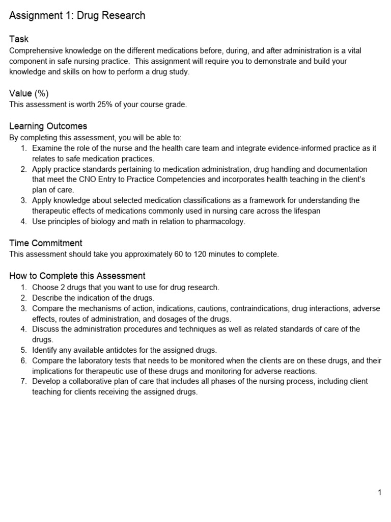 Assignment 1 Drug Research | PDF | Nursing | Rubric (Academic)