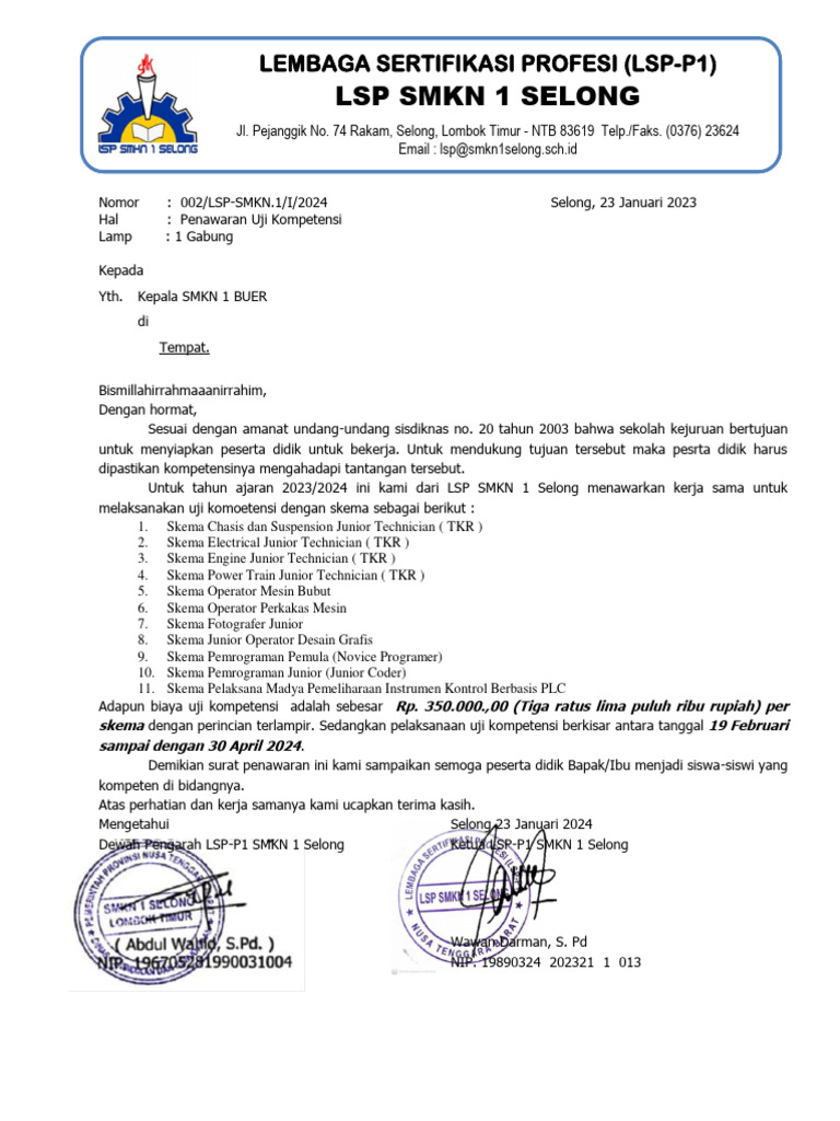 Surat Penawaran Ukk SMKN 1 Buer | PDF