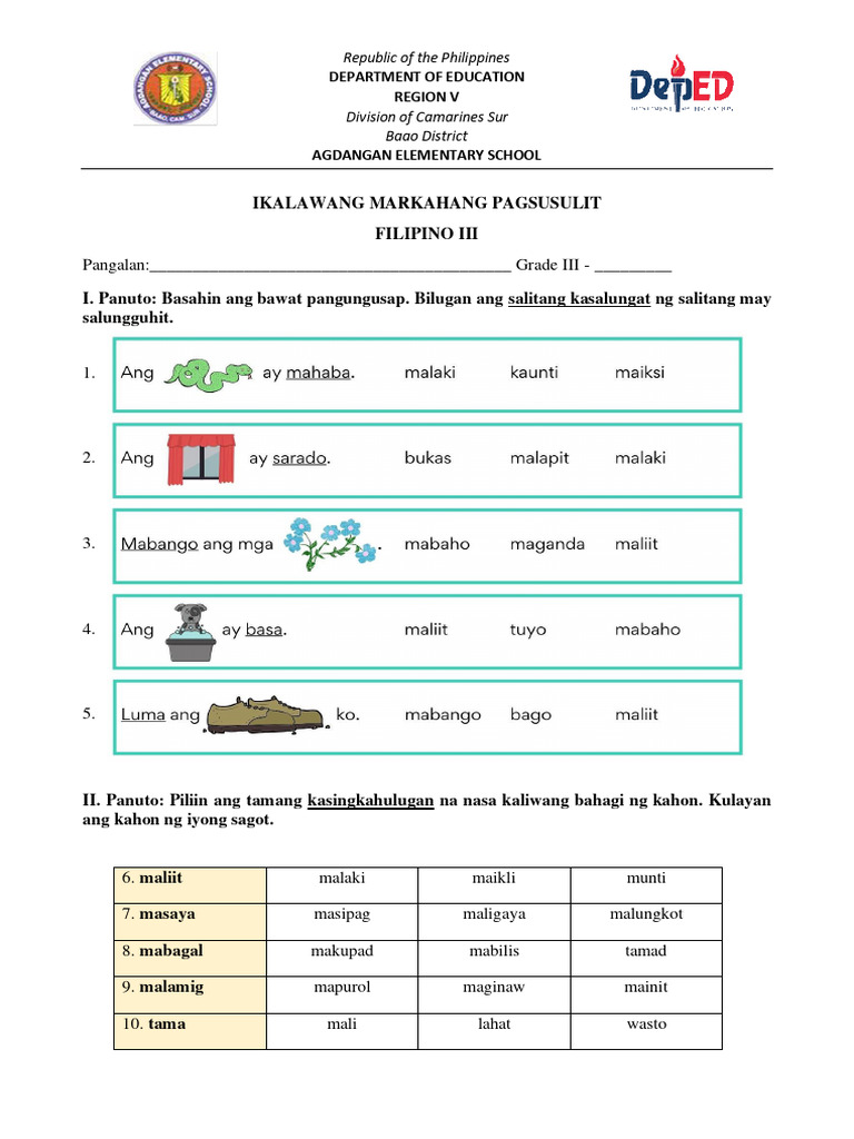 2ND PT in Filipino 3-Atis | PDF