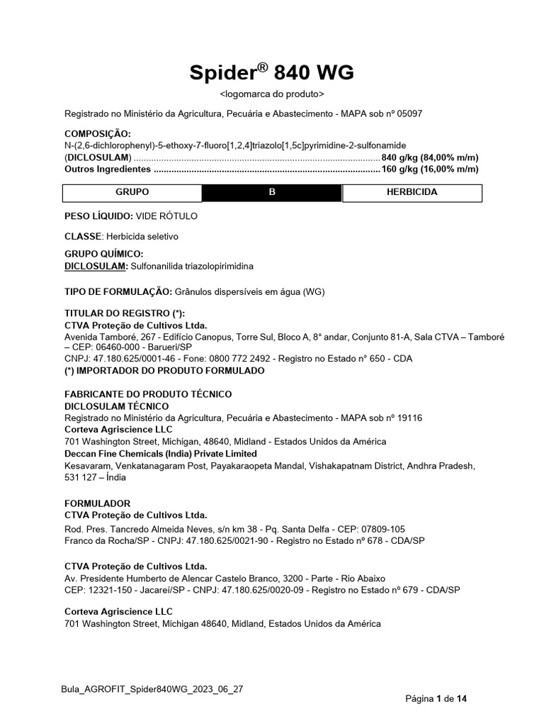 Bula Spider840WG Corteva LA BR | PDF | Agricultura | Ambiente natural