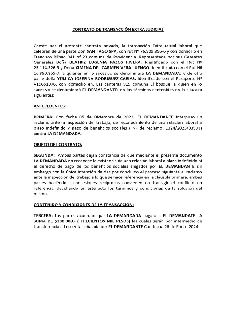Contrato de Transacción Extra Judicial | PDF