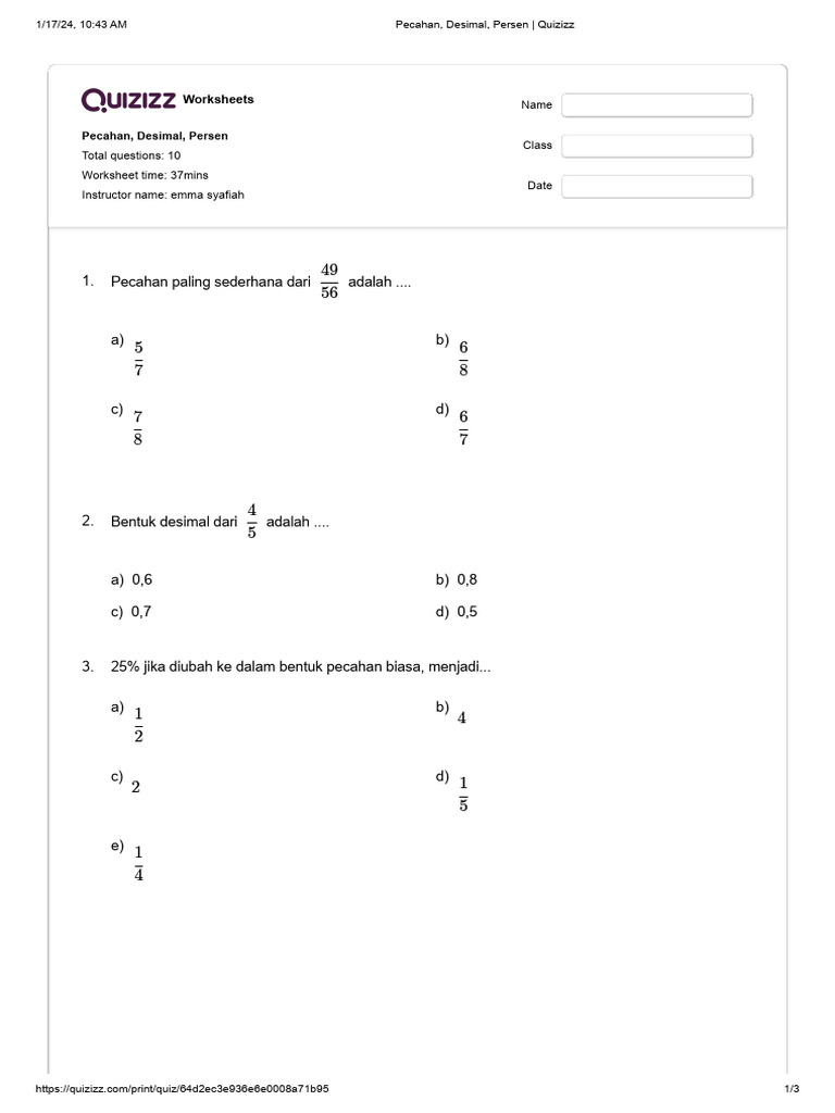 Soal Pecahan, Desimal, dan Persen Kelas 6 | PDF