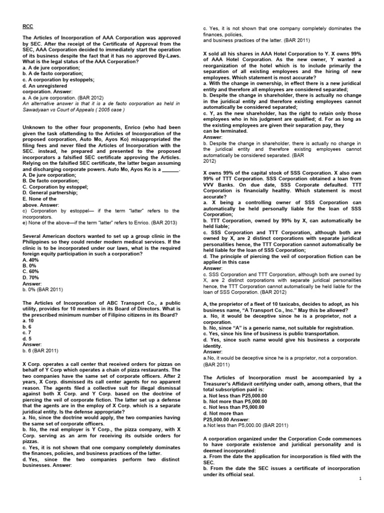 RCC SRC Bar MCQ | PDF | Board Of Directors | Stocks