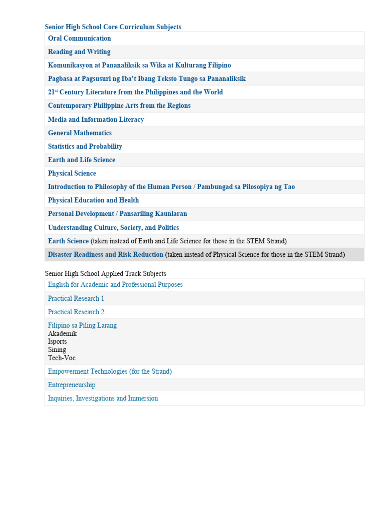 Senior High School Core Curriculum Subjects | PDF | Science | Social ...