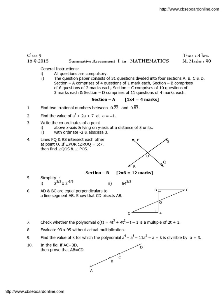 Cbse Class 9 Sa1 Mathematics 2015 | PDF | Numbers | Triangle