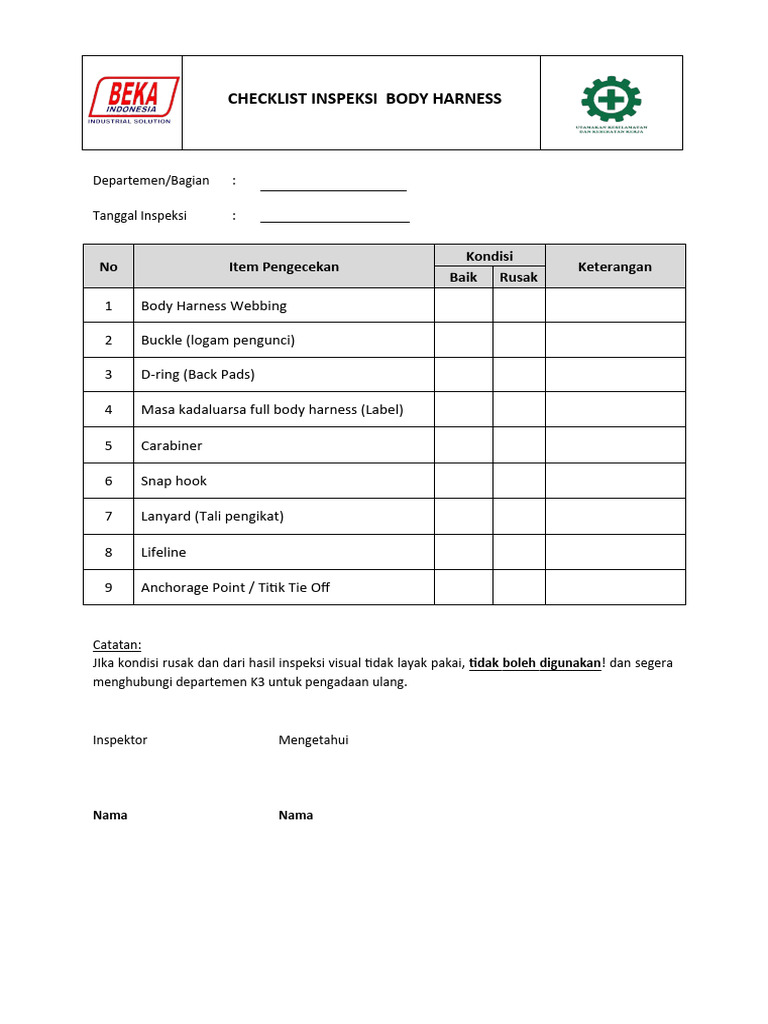 Form Check List Inspeksi Full Body Harness | PDF