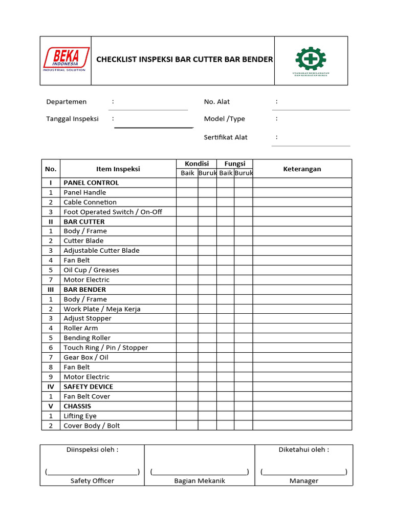 Form Check List Inspeksi Bar Cutter Bar Bender | PDF
