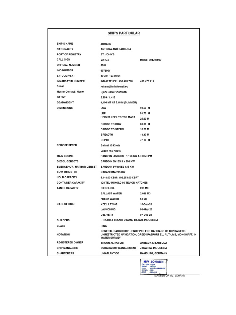 MV Johann Ship Particulars Summary | PDF | Freight Transport | Watercraft