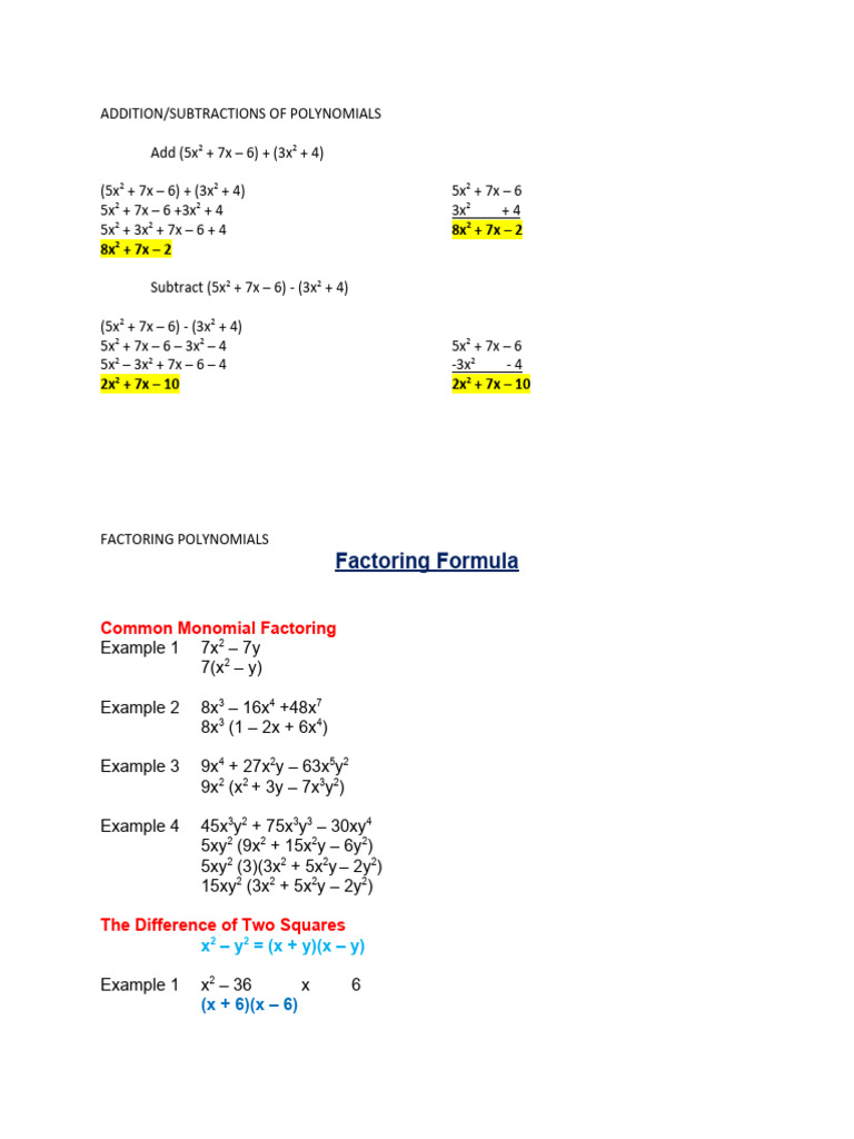 Polynomial Operations Guide | PDF | Factorization | Zero Of A Function