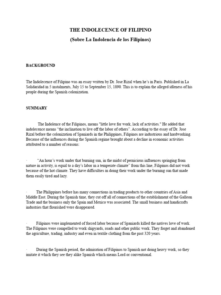 Unit 10 Rizal Topic C On The Indolecence of The Filipinos 1 | PDF