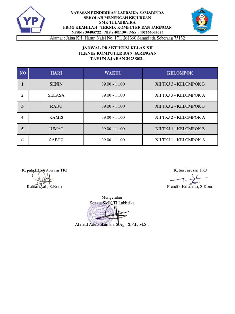New Jadwal Praktikum (XII) - SMK TI Labbaika GENAP 2023-2024 | PDF