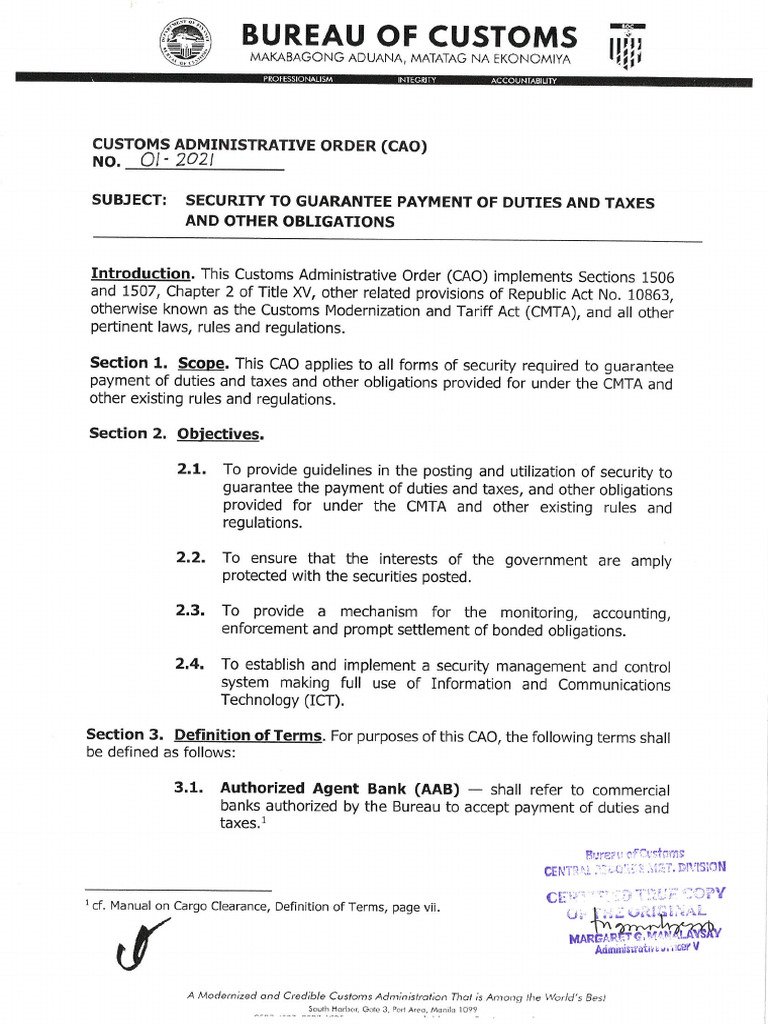 BoC Customs Administrative Order No 01 2021 | PDF