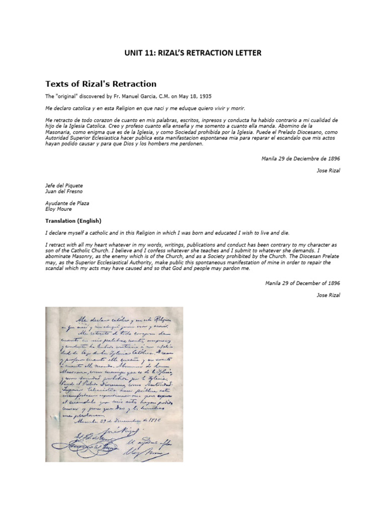Unit 11 Rizal Rizals Retraction Letter | PDF | Philippines