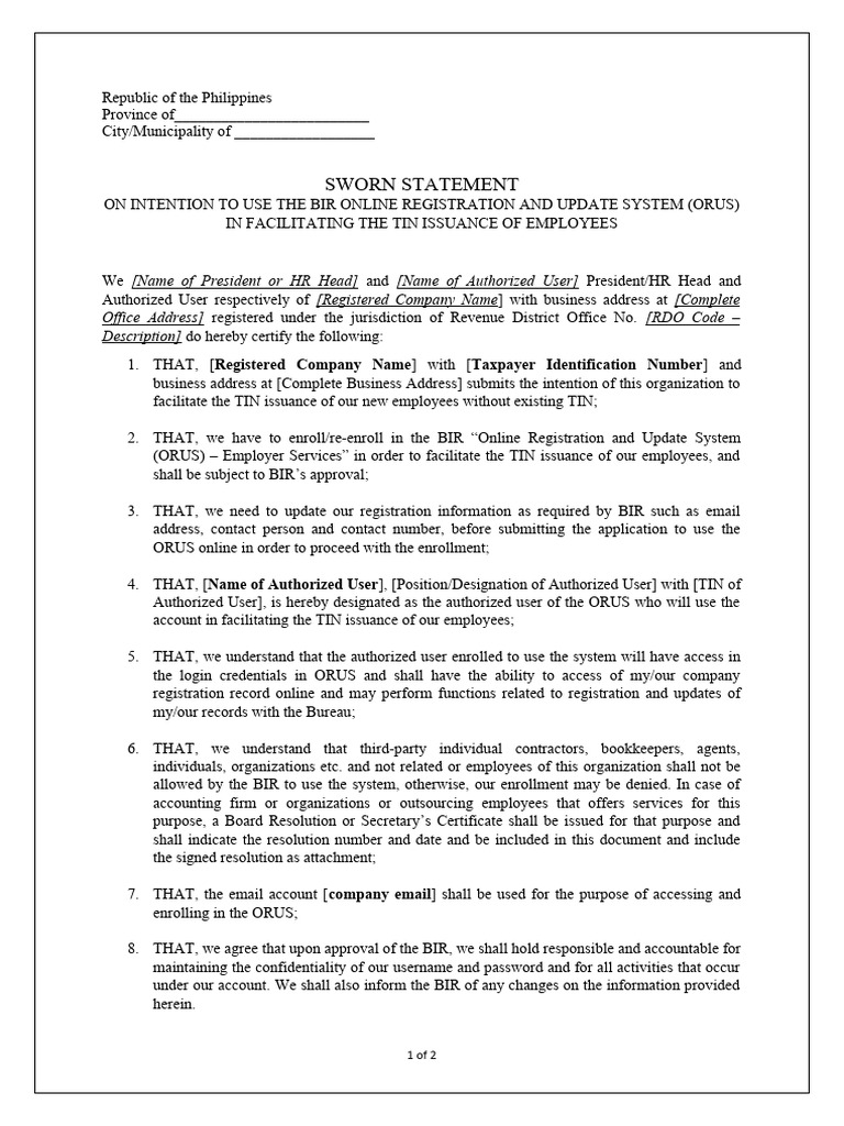 Sworn Statement for ORUS TIN Issuance | PDF | User (Computing) | Employment