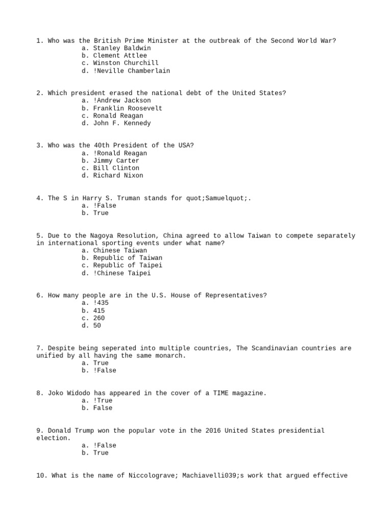 History & General Knowledge Quiz | PDF | Presidents Of The United ...