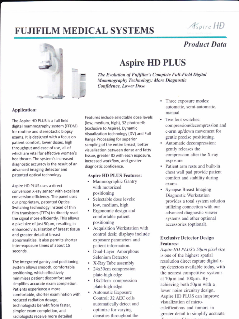 Aspire HD PLUS Digital Mammography System | PDF | Mammography | X Ray