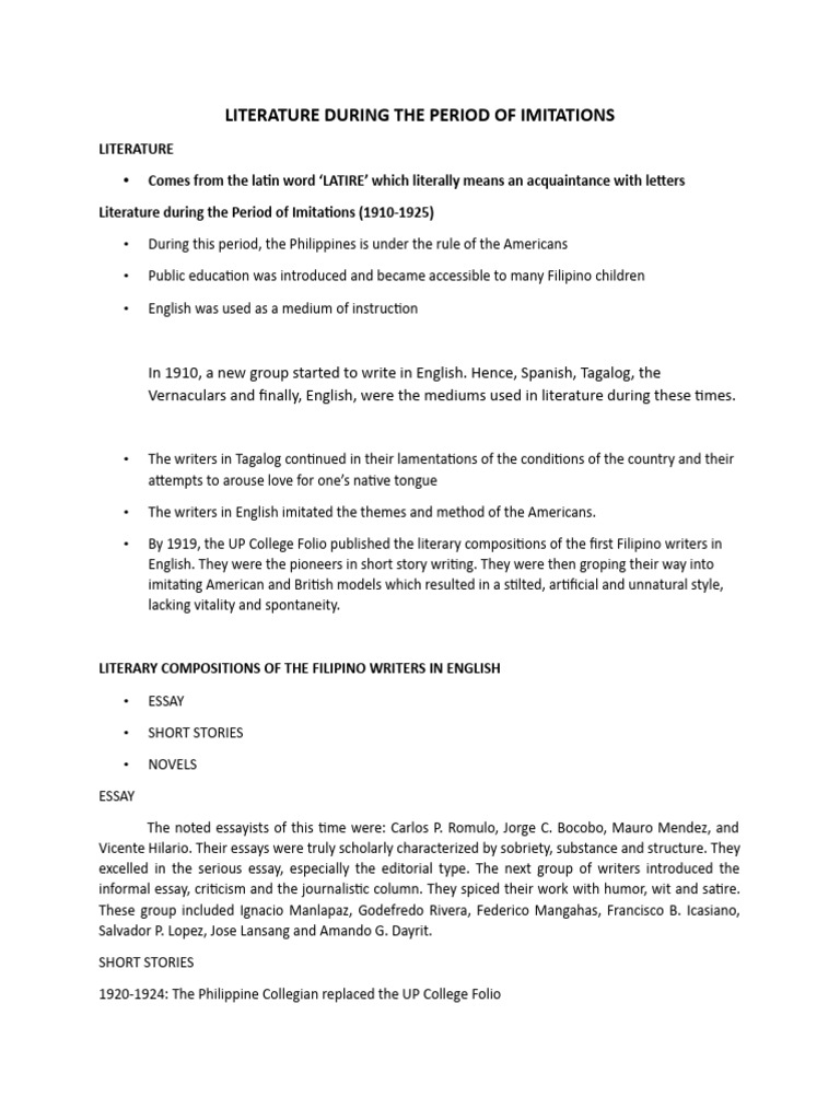 Literature During The Period of Imitations Reported | PDF