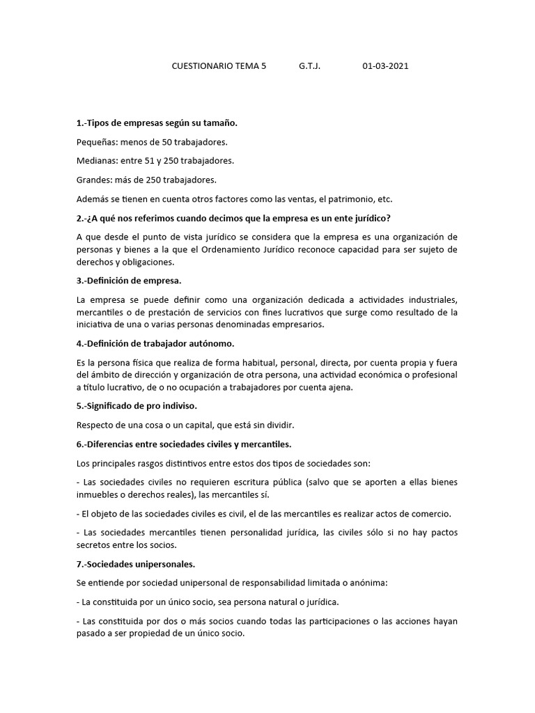Cuestionario Tema 5 GTJ | PDF | Sociedad de responsabilidad limitada | Justicia