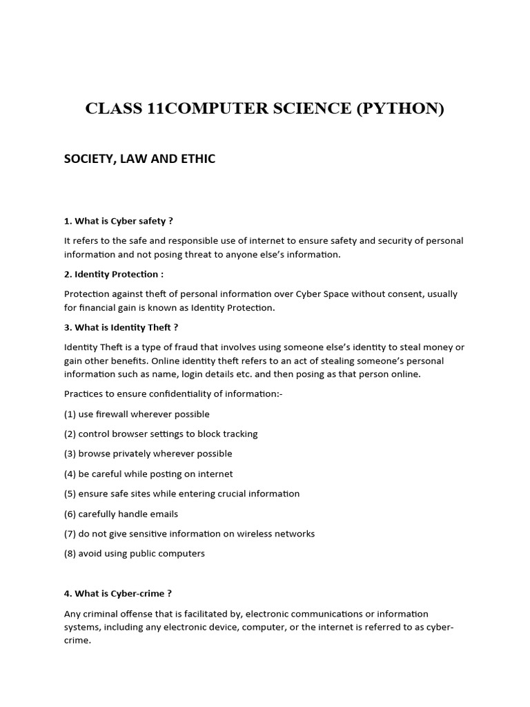 Class 11 Computer Science (Society Law and Ethics) | PDF | Malware | Computer Virus