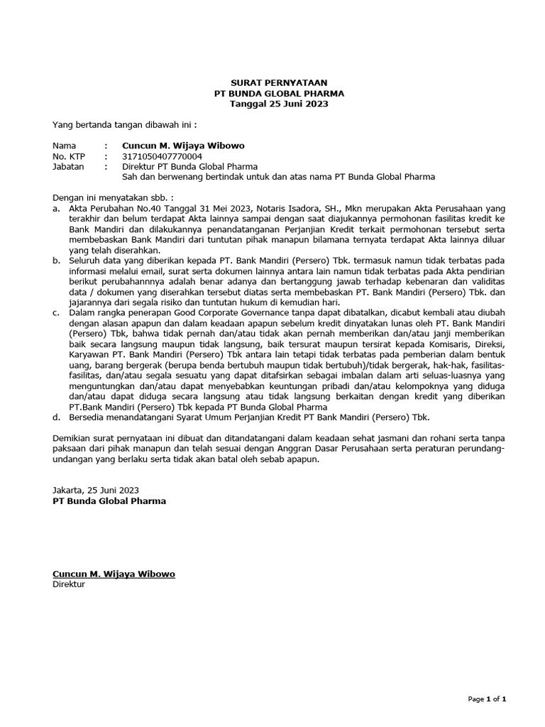 BGP - Draft PK Pernyataan Pengurus | PDF | Hukum