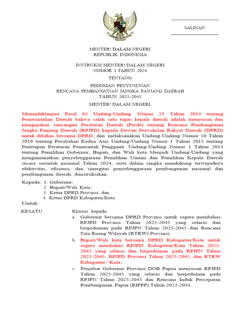 Inmendagri Pedoman Penyusunan RPJPD Tahun 2025-2045 | PDF