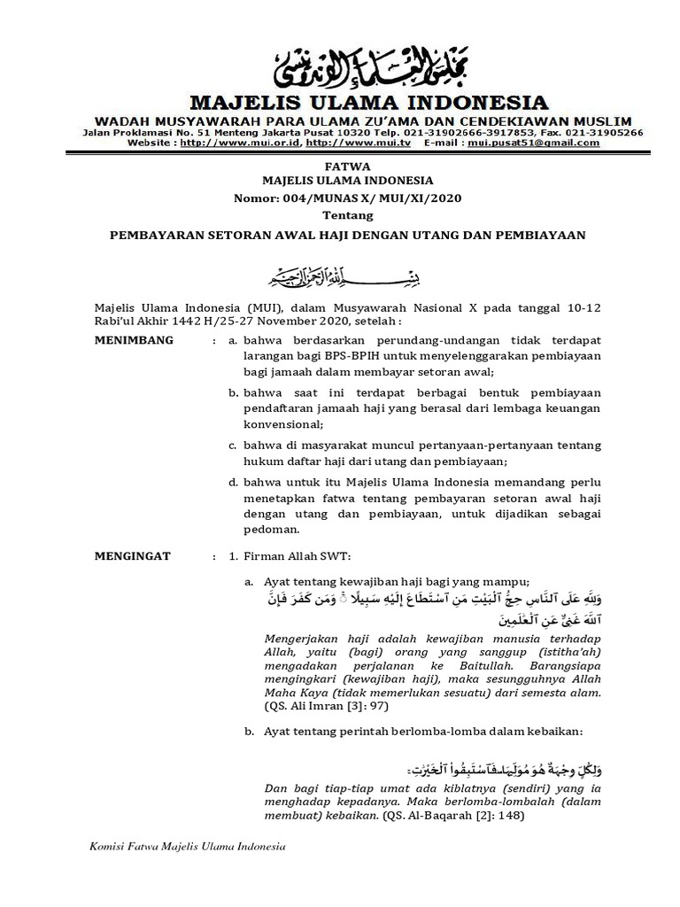 Fatwa Mui Tentang Pembayaran Setoran Awal Haji Dari Dana Utang Dan ...