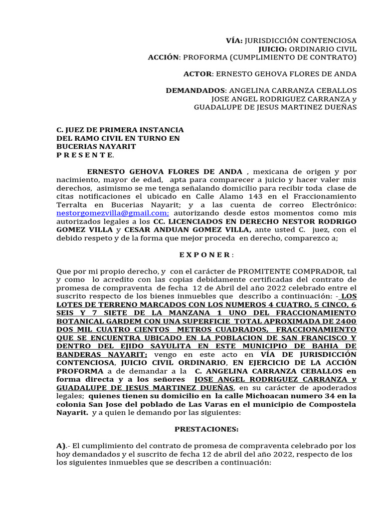 Acción Proforma: Cumplimiento de Contrato | PDF | Demanda judicial | Consentimiento
