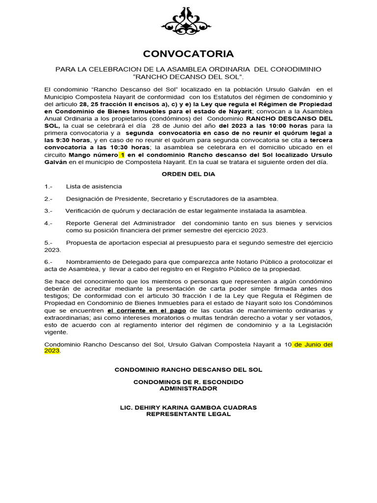 Convocatoria Rancho Descanso Del Sol Junio 2023 | PDF | Condominio | Justicia