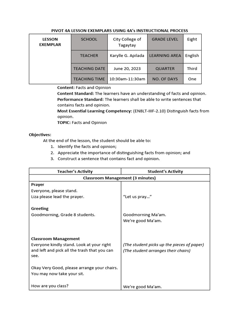 Lesson Plan. Facts and Opinion | Download Free PDF | Thought | Lesson Plan