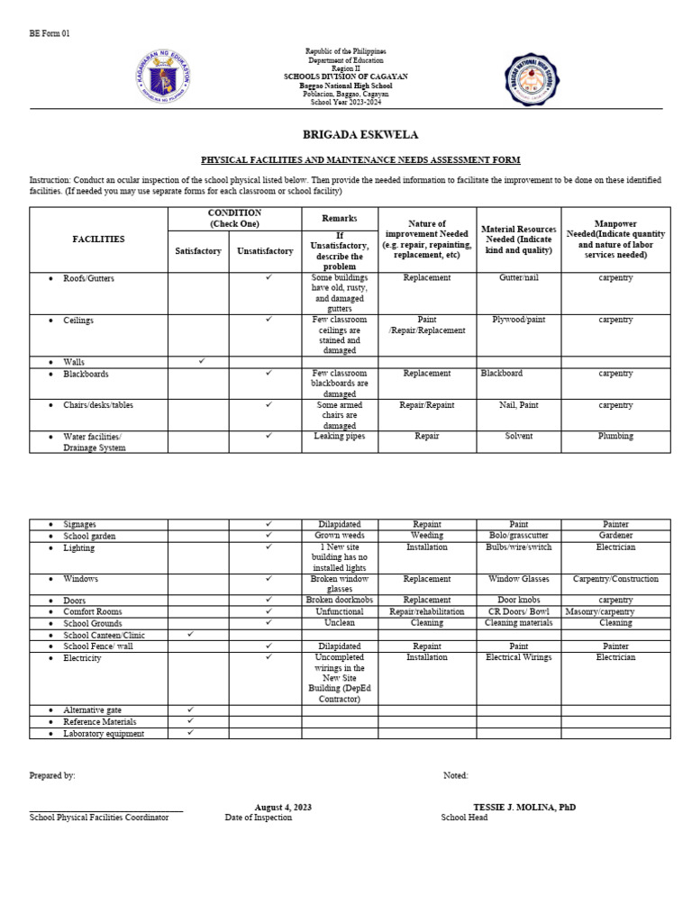BE Form 1 PHYSICAL FACILITIES AND MAINTENANCE NEEDS ASSESSMENT FORM 1 | PDF | Carpentry ...