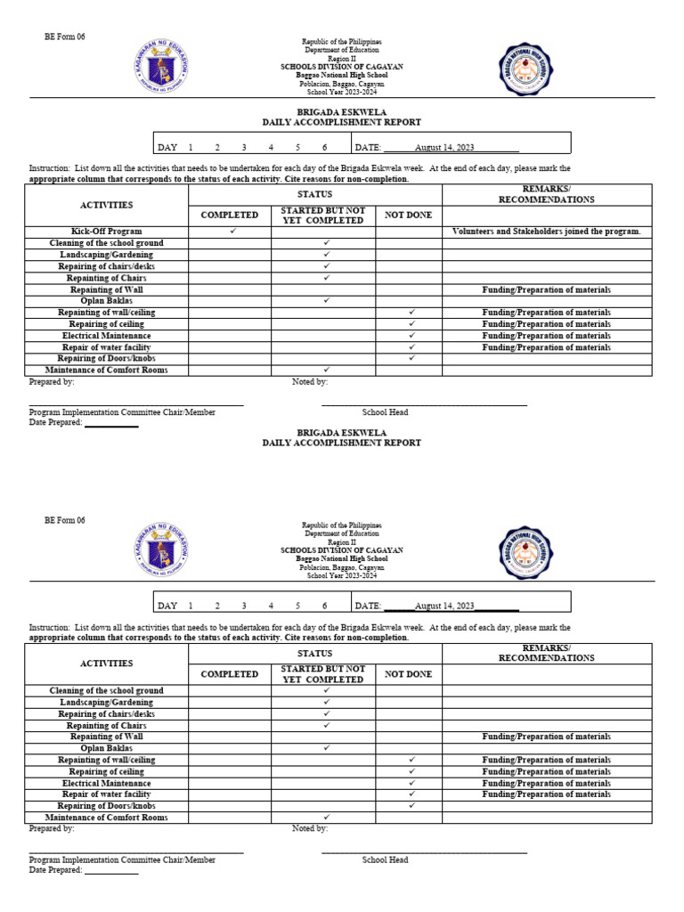 BE Form 6 DAILY ACCOMPLISHMENT REPORT | PDF