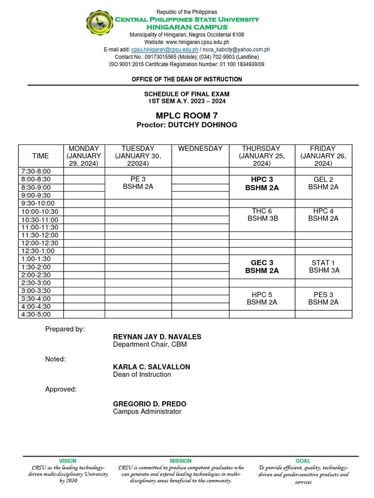 CBM Final Exam Schedule 2023-2024 | PDF