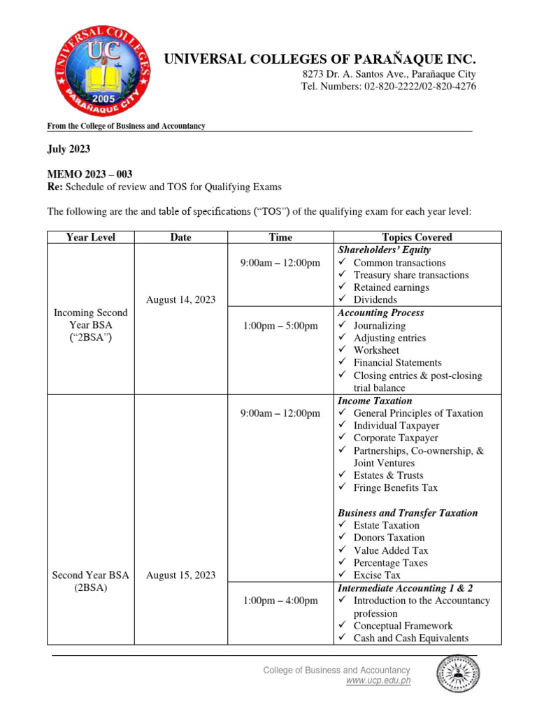 Qualifying Exam Schedule for BSA 2023 | PDF | Audit | Taxes