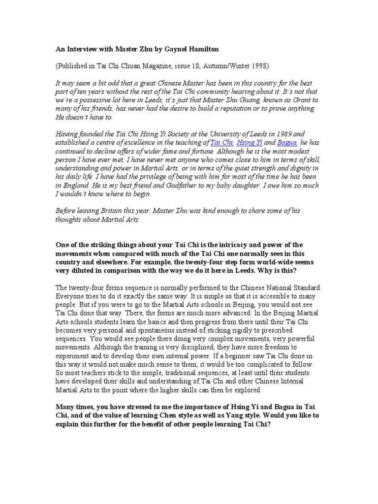 An Interview With Master Zhu by Gaynel Hamilton | PDF | Tai Chi | Qi