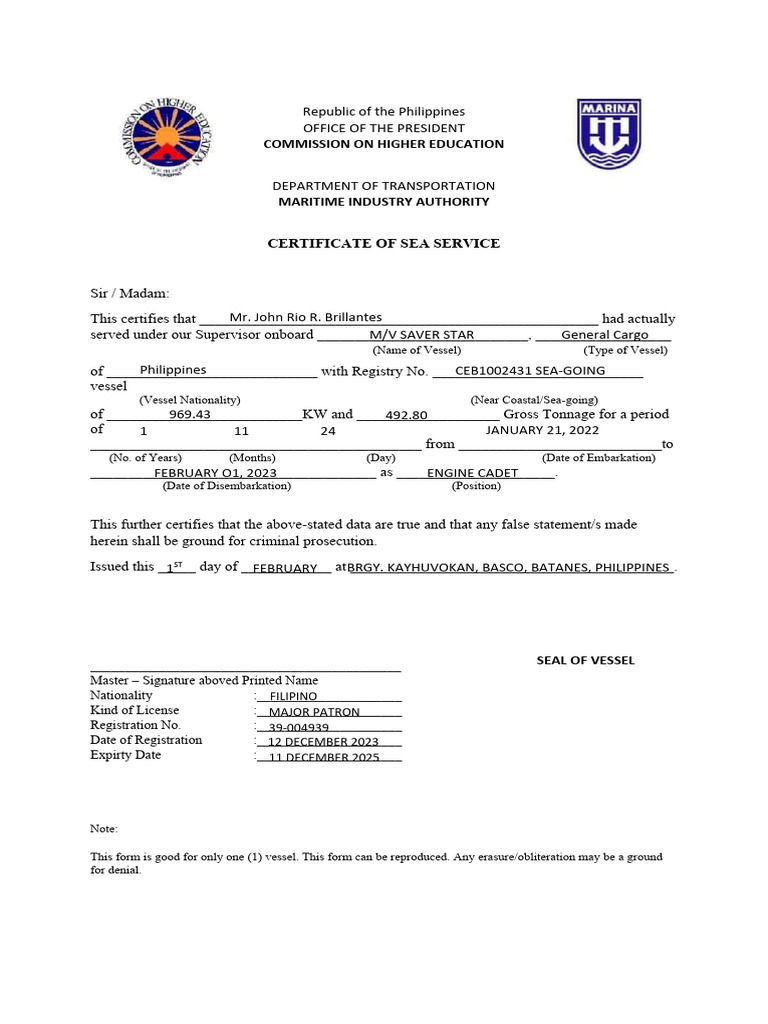 Certificate of Sea Service | PDF | Shipping | Water Transport