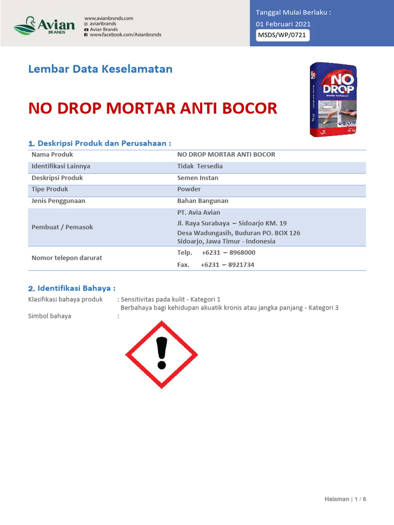 MSDS No Drop Mortar Anti Bocor | PDF