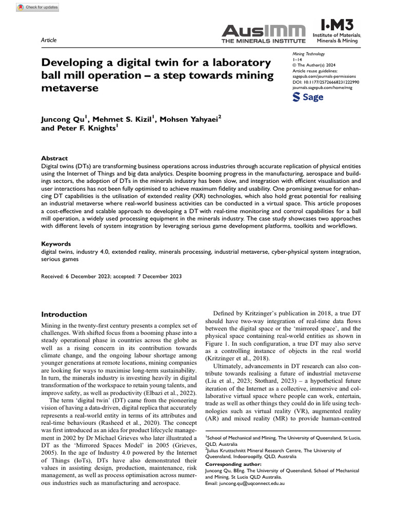 Qu Et Al 2024 Developing A Digital Twin For A Laboratory Ball Mill Operation A Step Towards ...