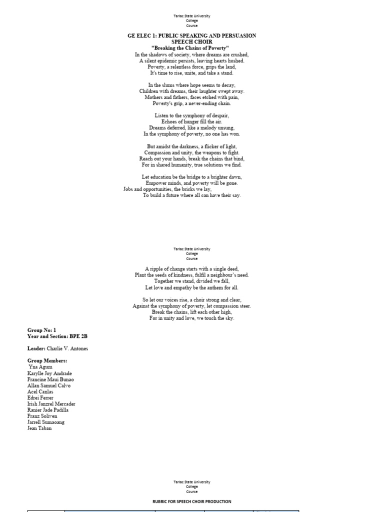 Speech Choir Rubric - GE ELEC | PDF