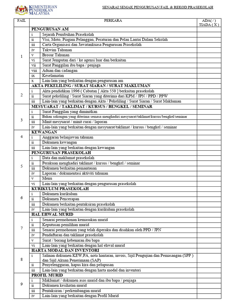 Senarai Semak Pengurusan Fail | PDF