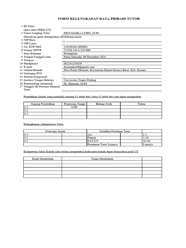 Form Kelengkapan Data Pribadi Tutor | PDF