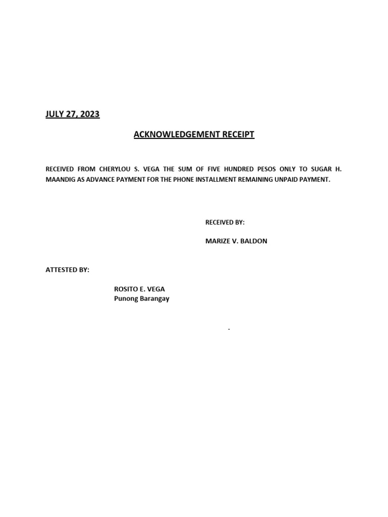 Acknowledgement - Cash Settlement Vasallo | PDF