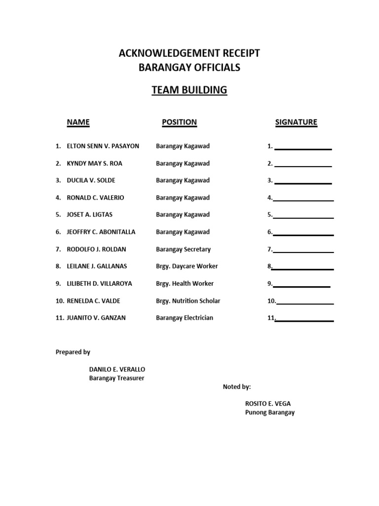 Barangay Team Building Acknowledgement Receipt | PDF