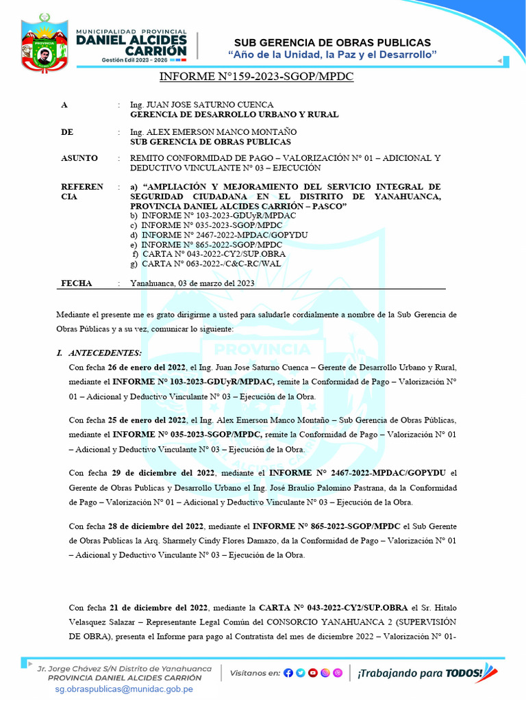 Informe N°159-2023-Sgop-Mpdc - Conformidad de Pago de La Valorización #01 - Adicional y ...