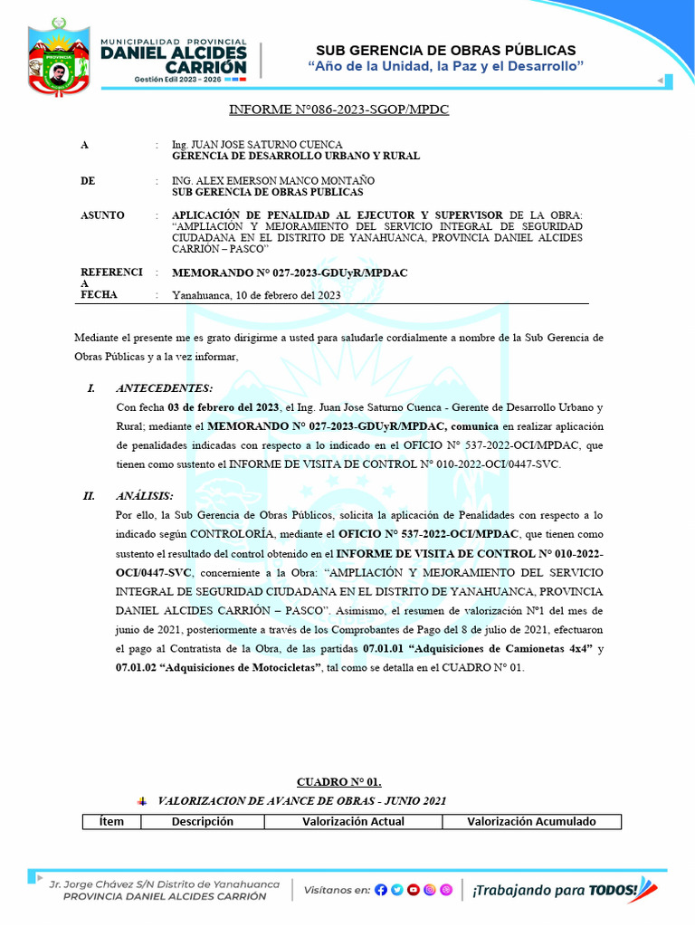 Informe N°086-2023-Sgop-Mpdc - Penalidad Al Contratista y Supervisor | PDF