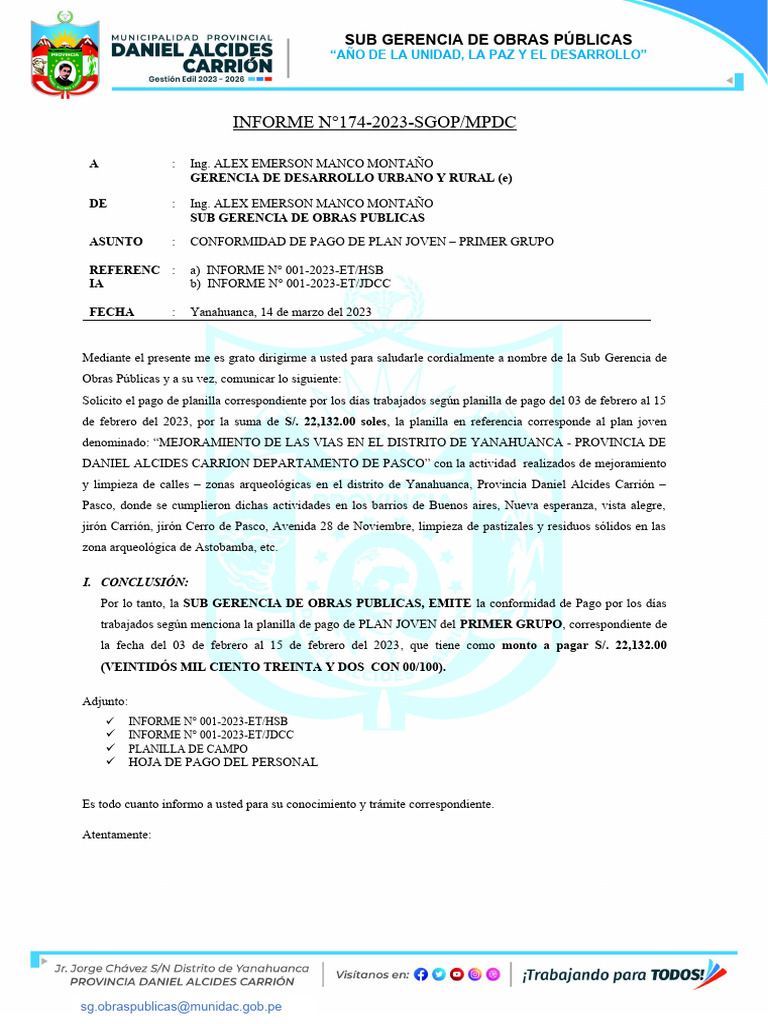 Informe N°174-2023-Sgop-Mpdc - Conformidad de Pago de Plan Joven | PDF