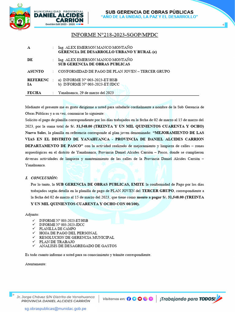 Informe N°218-2023-Sgop-Mpdc - Conformidad de Pago de Plan Joven - Iii | PDF