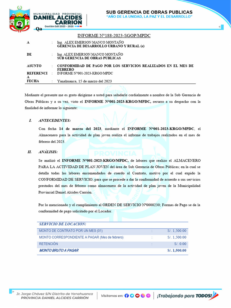 Informe N°188-2023-Sgop-Mpdc - Conformidad de Pago Por Los Servicios Realizados | PDF
