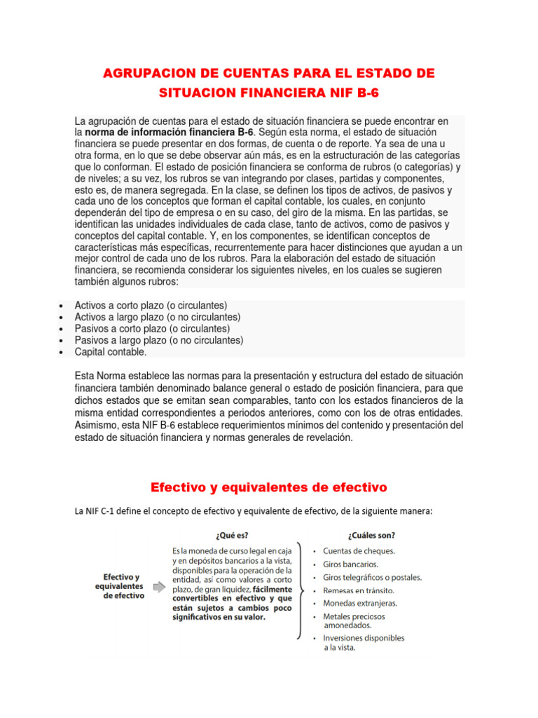 Agrupacion de Cuentas para El Estado de Situacion Financiera Nif B-6 ...